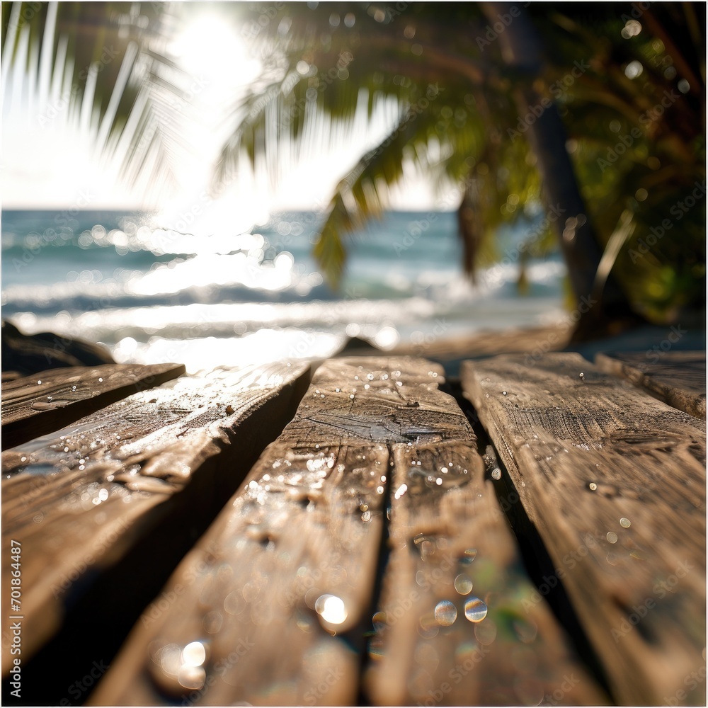 An inviting scene of a wooden deck leading the gaze to a sparkling sea ...