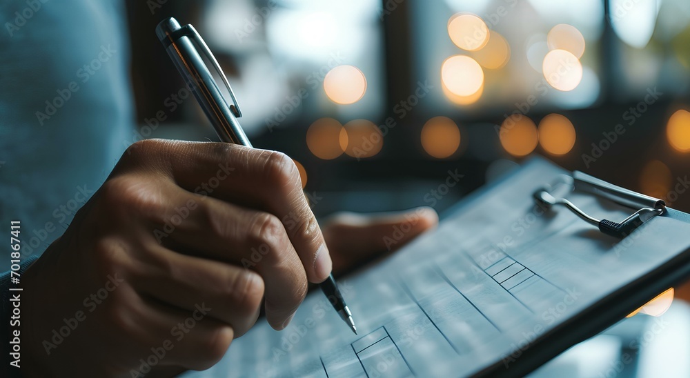 A man holding a checklist file in his hand and checking it with a pen ...