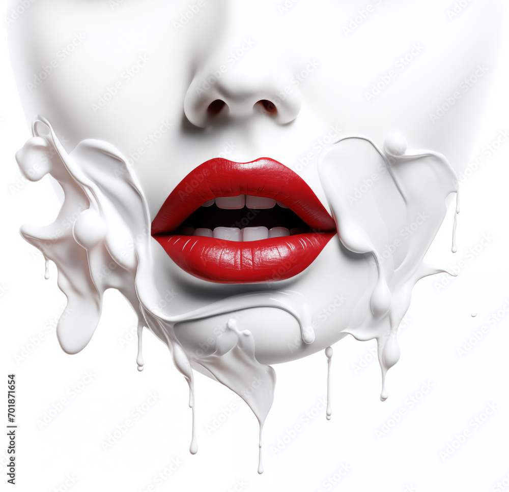 face adorned with bright, red lipstick with dripping white liquid as a ...