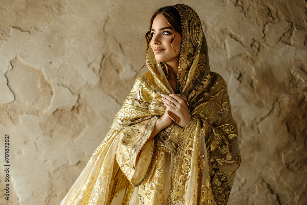 Moroccan woman in yellow dress, Moroccan Woman in Traditional Kaftan ...