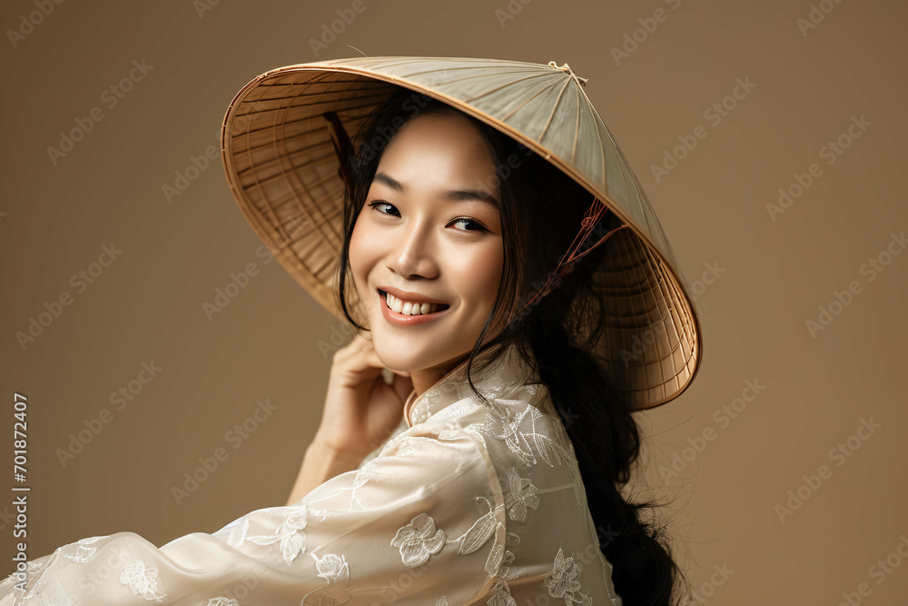 Portrait of a Vietnamese woman, Beautiful Vietnamese woman in Ao Dai, conical hat, Vietnamese ...