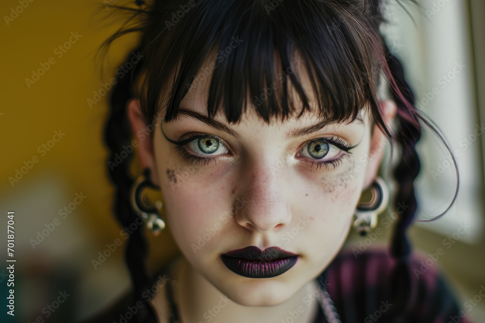Gothic Teenage Girl with Piercing Green Eyes and Black Lipstick Stock ...