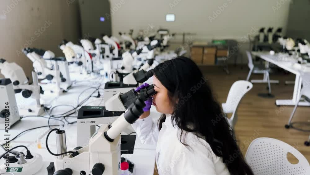 Female research scientist looking at samples under microscope. 4K ...
