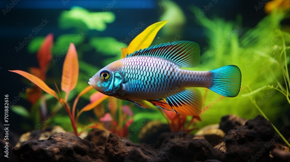 A striking Rainbowfish (Melanotaeniidae) against a backdrop of aquatic ...