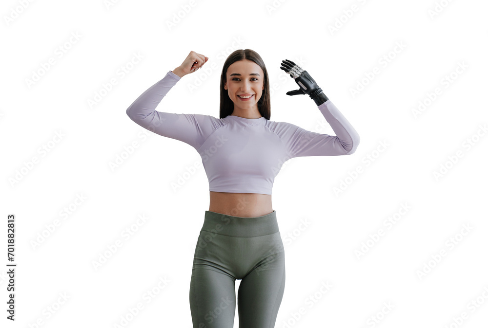 Handicapped young woman standing at home, with bionic hand prosthesis ...