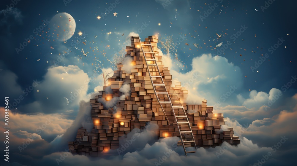 Conceptual image with ladder leading to the top of a pyramid made of ...