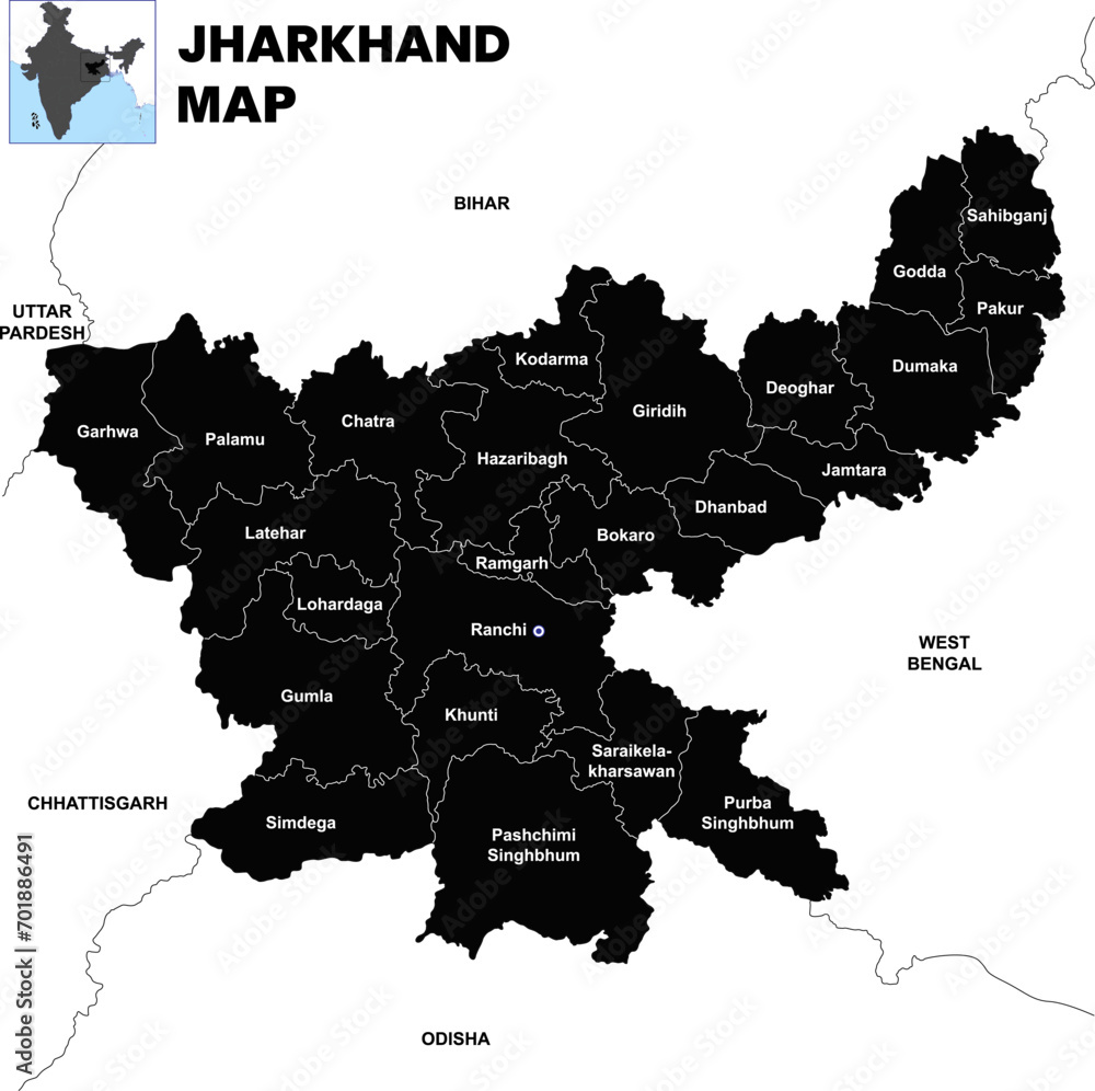 Silhouette Jharkhand map vector illustration on white background Stock ...
