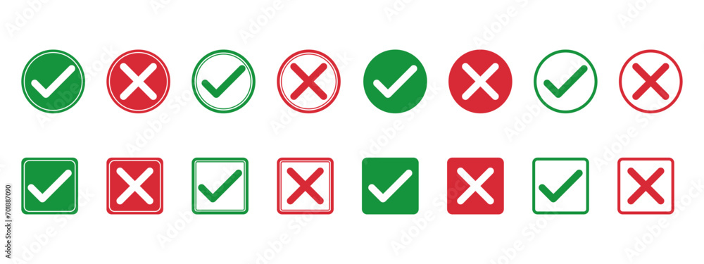 Checkmark icons Tick and cross Green check mark and red x cross. for ...