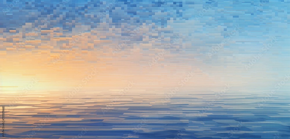 Abstract digital pixel design of a serene beach scene in blue and sandy ...