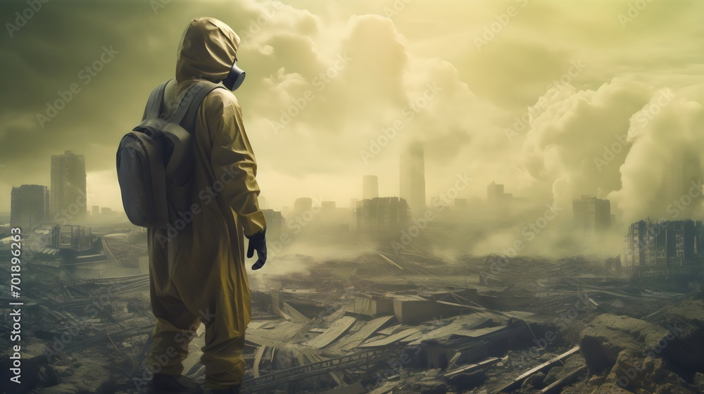 Man In Gas Mask And Hazmat Suit Navigating A World War 3 Post ...
