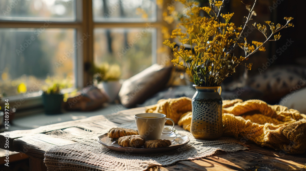 herbal tea and biscuits on the sunny window seat, relaxed home fashion ...