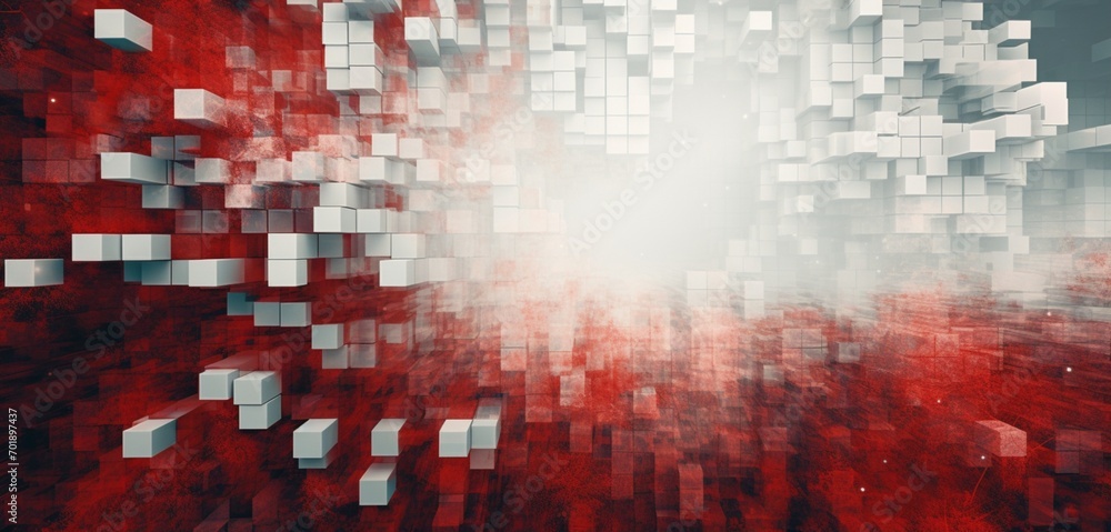 Abstract digital pixel design with an abstract forest scene in red and ...