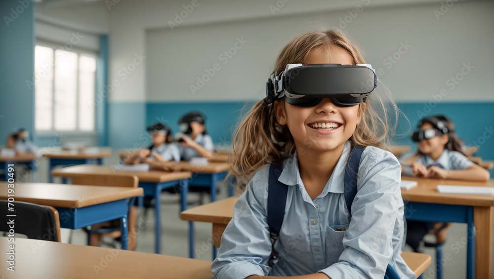 schoolgirl wearing virtual reality glasses in class education Stock ...