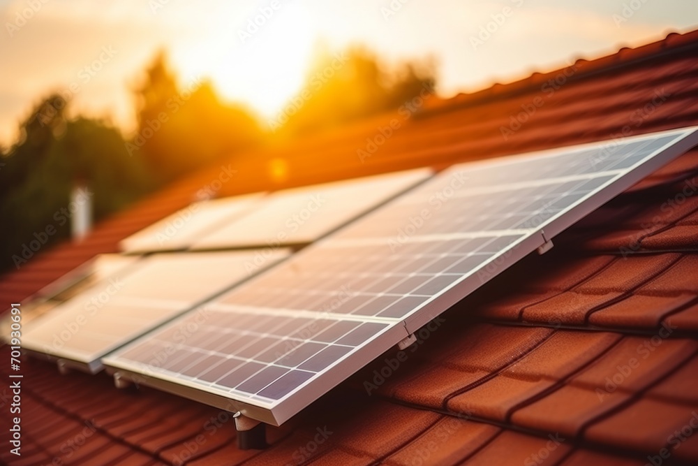 Solar panel battery red roof house sun energy modern sunlight ...