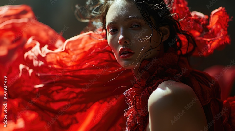 Fashion Photography of exotic woman model in vibrant red silk and ...