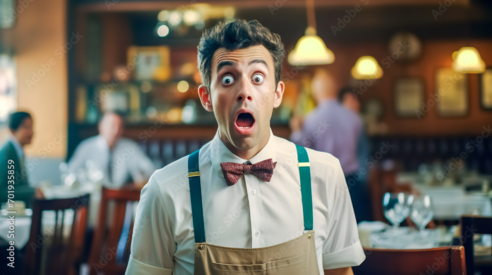 waiter in a classic restaurant setting, wearing suspenders and a bow ...