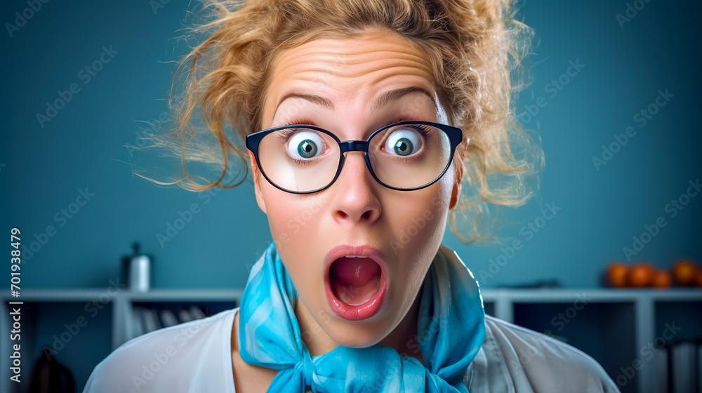 woman teacher with an exaggerated expression of surprise, her eyes wide ...