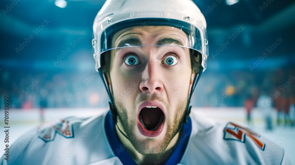 hockey player with a helmet on, his face showing a look of shock or awe ...