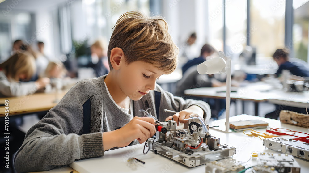 Young student creating a robot in a school STEM workshop equipped with ...
