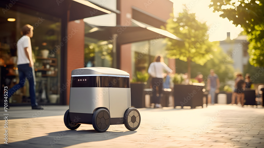 Autonomous delivery robot navigating a pedestrian sidewalk to deliver ...