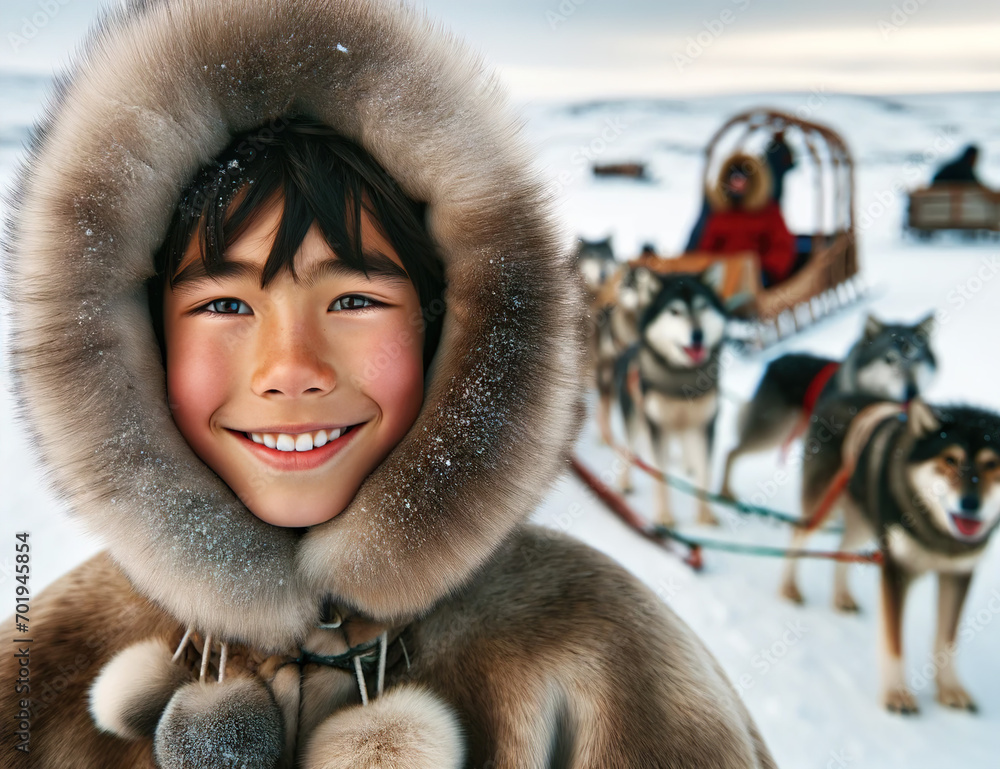 Inuit boy in the snow, wearing Reindeer hide parka with dog fur trim ...