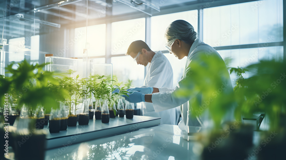 Biotech laboratory with scientists developing plant-based sustainable ...