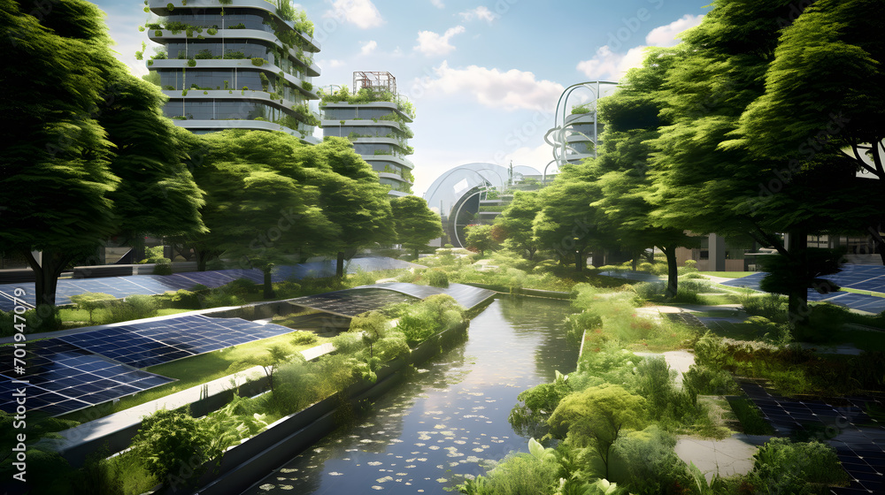 Futuristic urban park with integrated solar panels and Wi-Fi hotspots ...