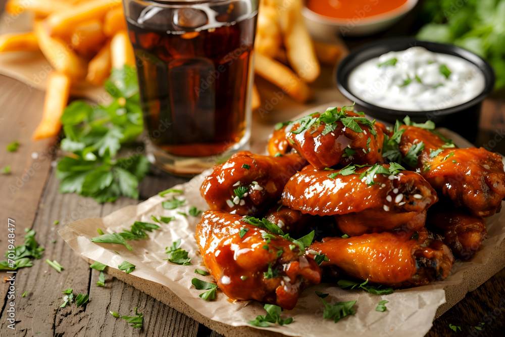Saucy wings with fries with beer or a cold drink. Bar wings with fries ...