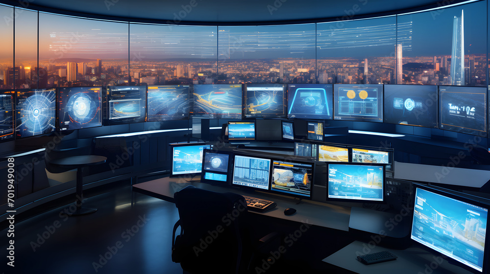 Smart city traffic control center with large screens displaying real ...