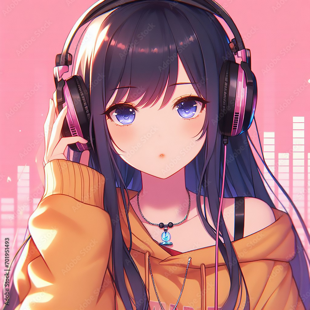 Beautiful anime girl listening to lofi hip hop music with headphones ...