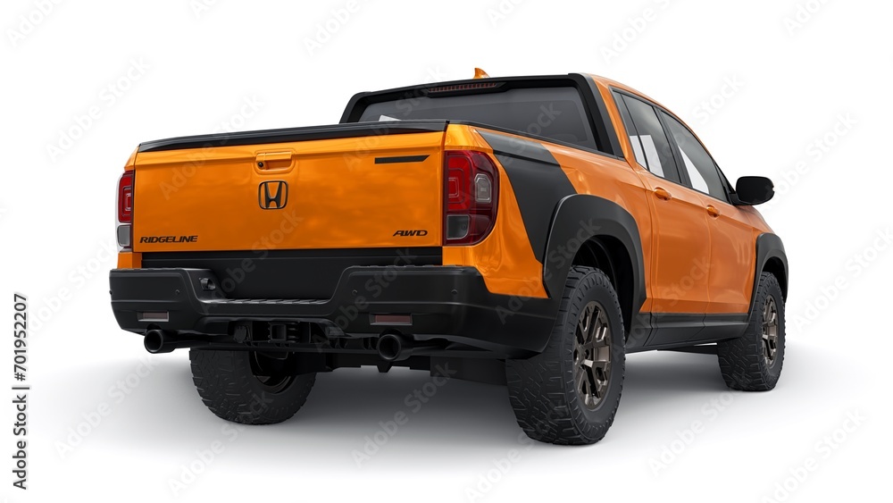 USA, Miami. December 14, 2023. Honda Ridgeline 2022. Orange mid-size ...