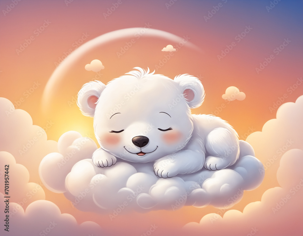 Illustration of a cute smiling little white bear sleeping on a cloud ...