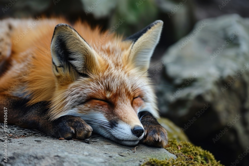 Red fox sleeping in the wild on the stone Stock Photo | Adobe Stock