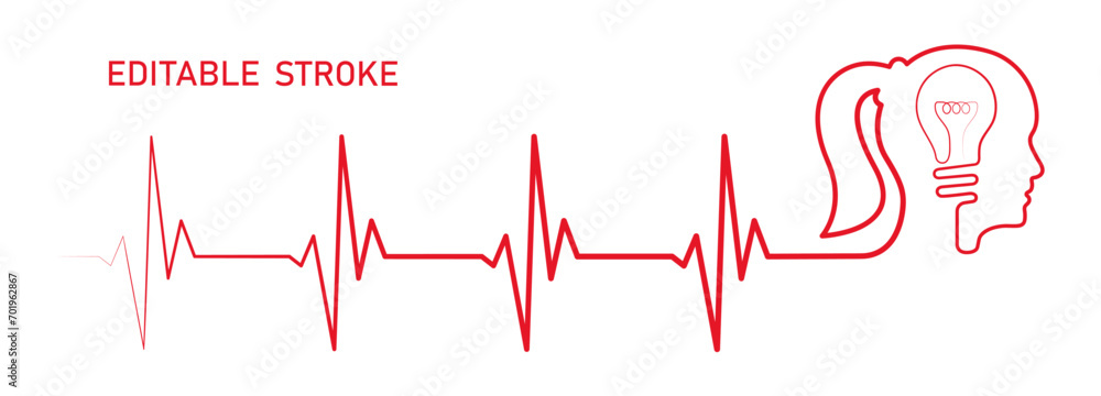 Editable red ekg monitor, cardio diagnosis, long hair woman head vector ...