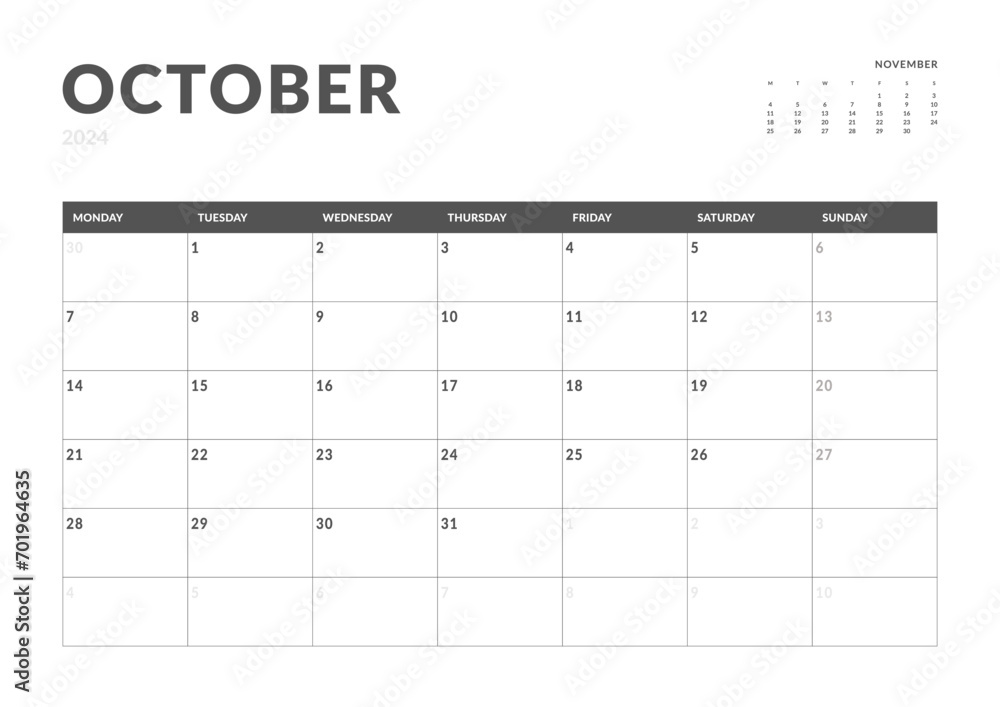 Monthly page Calendar Planner Templates of October 2024. Vector layout ...