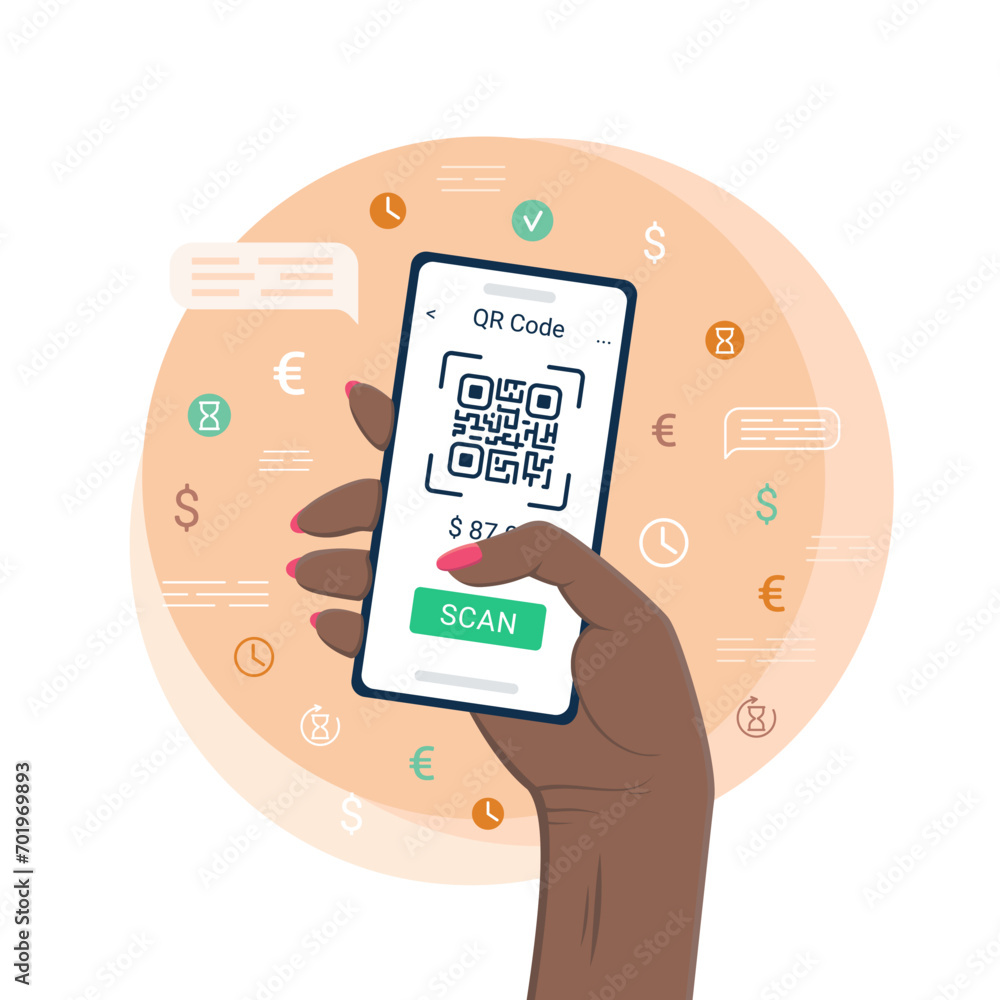 An African-American woman's hand holding a smartphone, scanning and ...