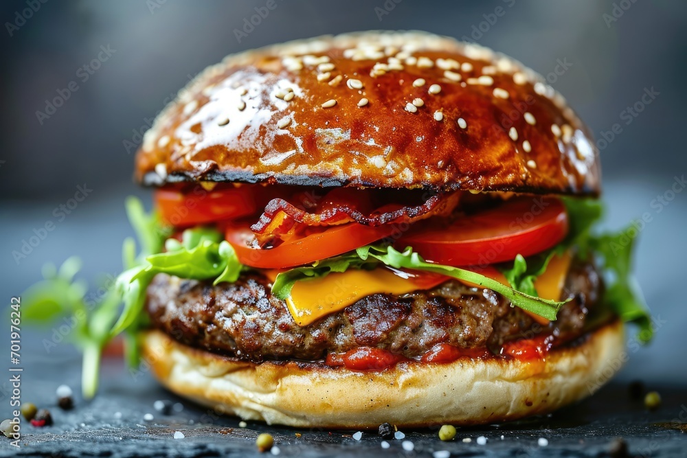 A Close-Up Encounter with a Classic Beef Burger featuring Cheddar and ...