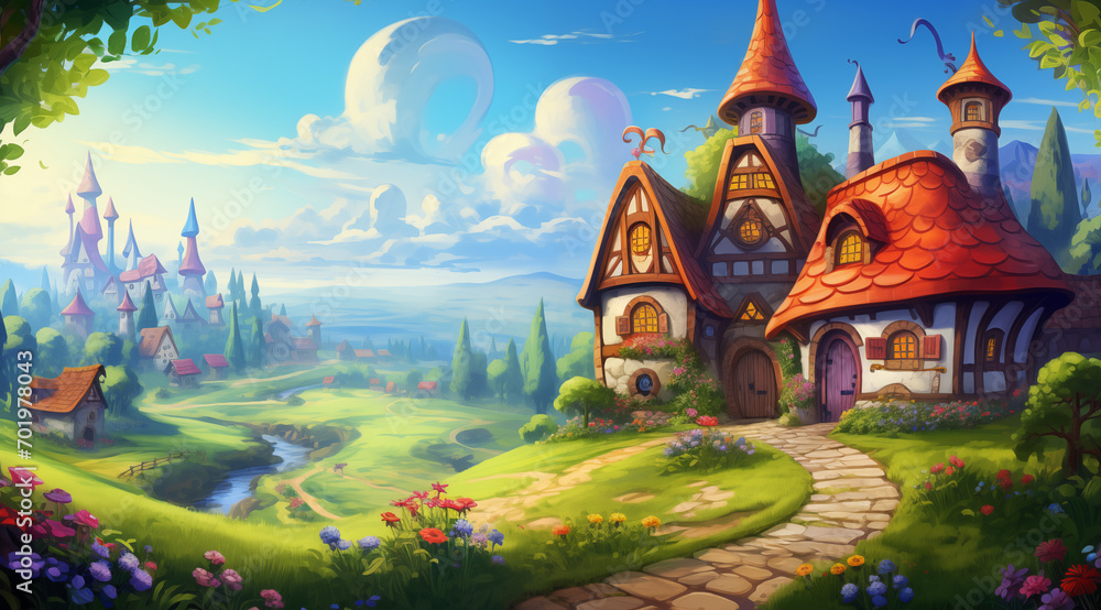 cozy, house, village, cartoon, child, exterior, home, illustration ...