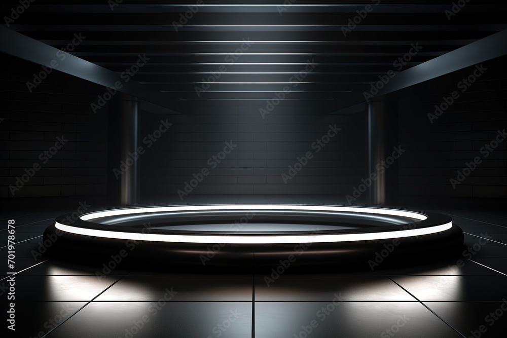 3D realistic vector round scene on a dark background. Black podium for ...