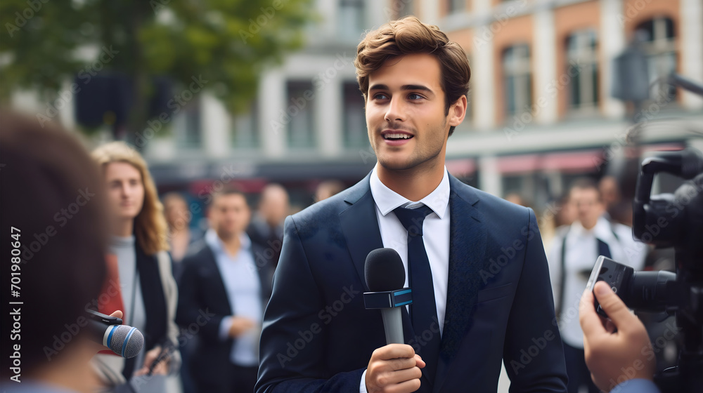 Foto de A handsome young TV reporter wearing an elegant suit with white ...