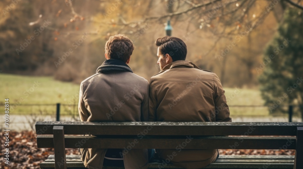 Two individuals sitting side by side on a park bench, enjoying each ...