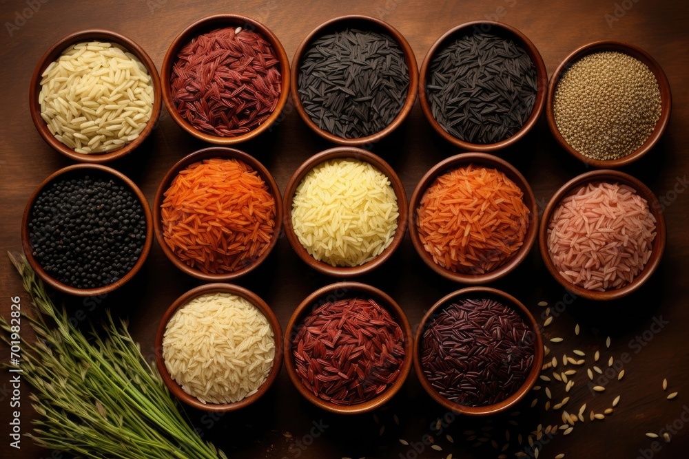 Assorted rice types and colors red black basmati whole grain long grain ...
