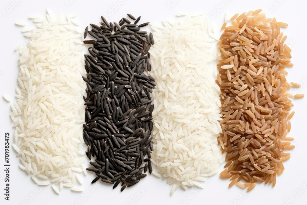 Different types and colors of rice including white glutinous black ...