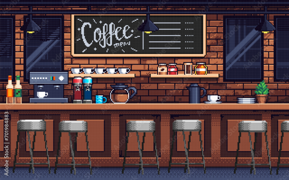 Pixel art illustration Coffeeshop background. Pixelated Cafe. Cozy ...