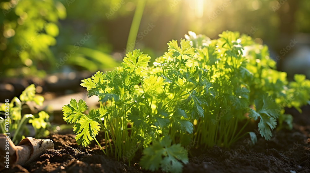 parsley plant spreads in a herb bed, refreshed by the crisp sunlight of ...