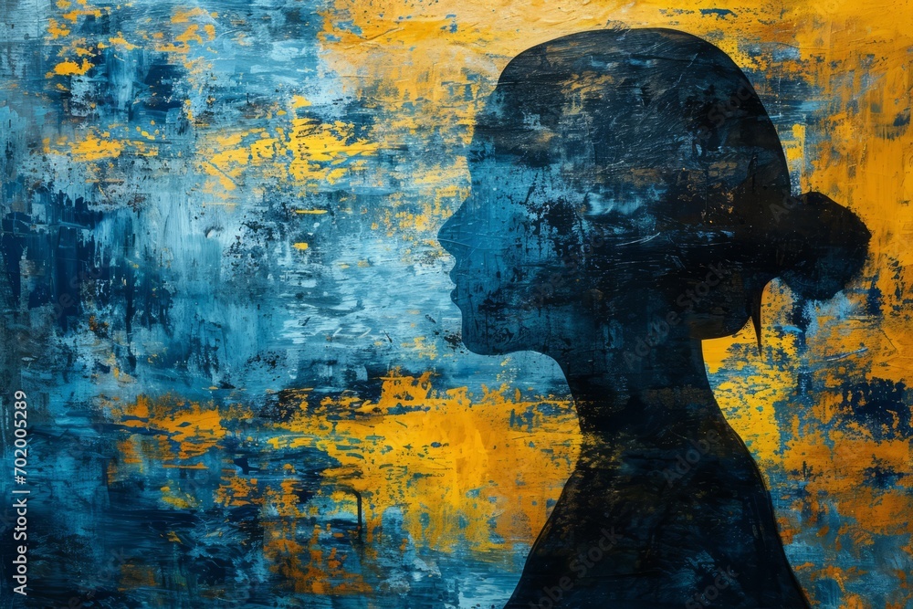 An abstract painting captures the side profile of a woman with a ...