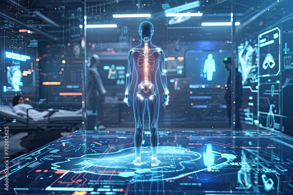 3D human hologram with HUD interface. Futuristic Human Body Analysis ...