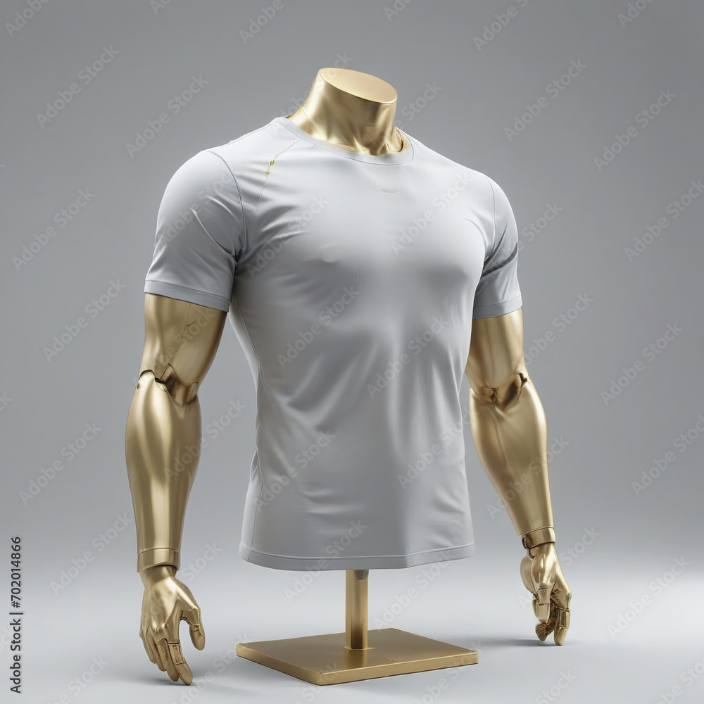 Grey male t-shirt in gold manekin realistic mockup set from front and ...