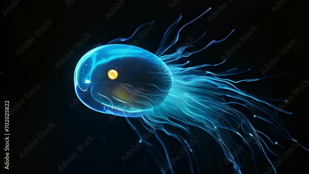 A magnified view of a bioluminescent plankton, with its tiny body ...