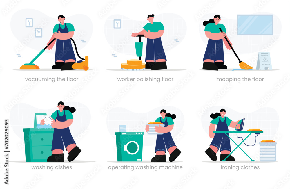Housekeeping worker set. People doing vacuuming the floor, worker ...